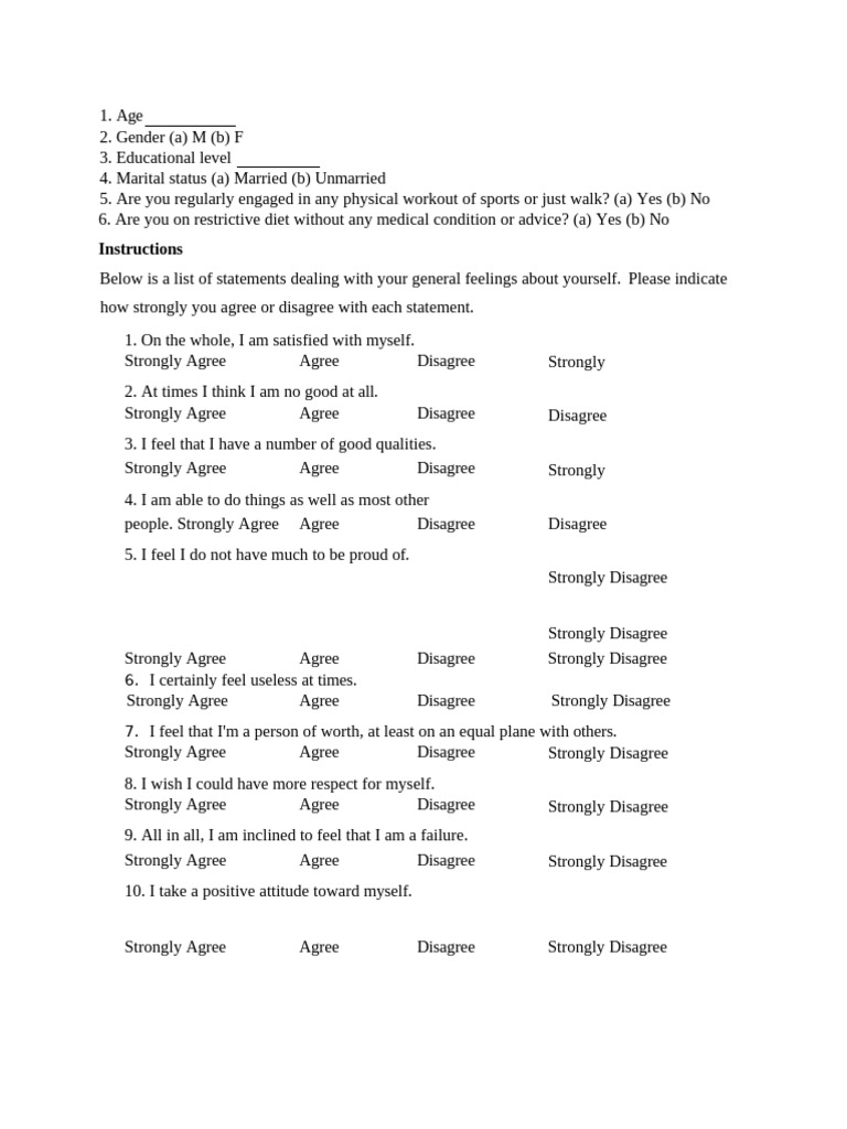 self esteem scale | PDF