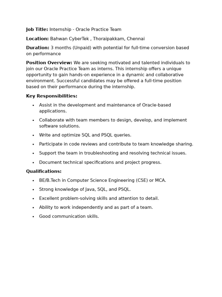 JD for Oracle Practice Unpaid Internship | PDF