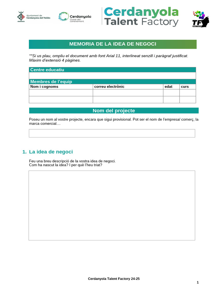 Memòria de La Idea de Negoci - CTF - 24-25 | PDF