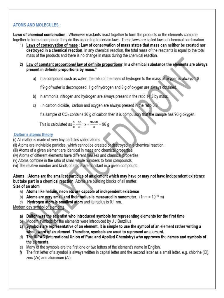 Summary Atoms Andmolecules | PDF | Chemical Compounds | Ion