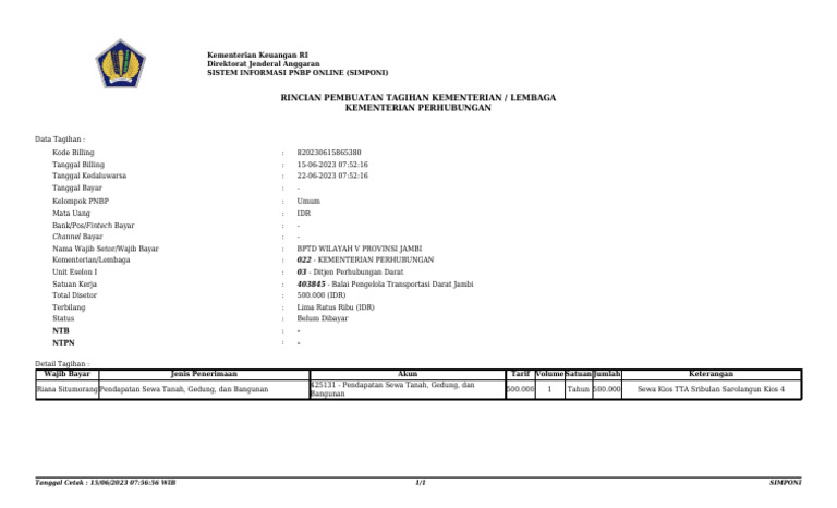 Contoh Biil PNBP Kios | PDF