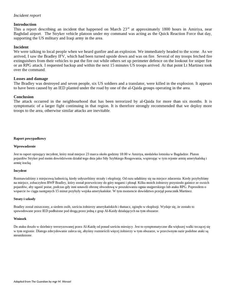 Incident Report Sample - IED Attack | PDF
