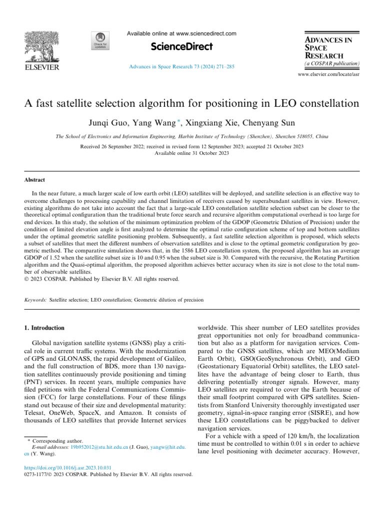 A-fast-satellite-selection-algorithm-for-positioning_2024_Advances-in-Space- | PDF