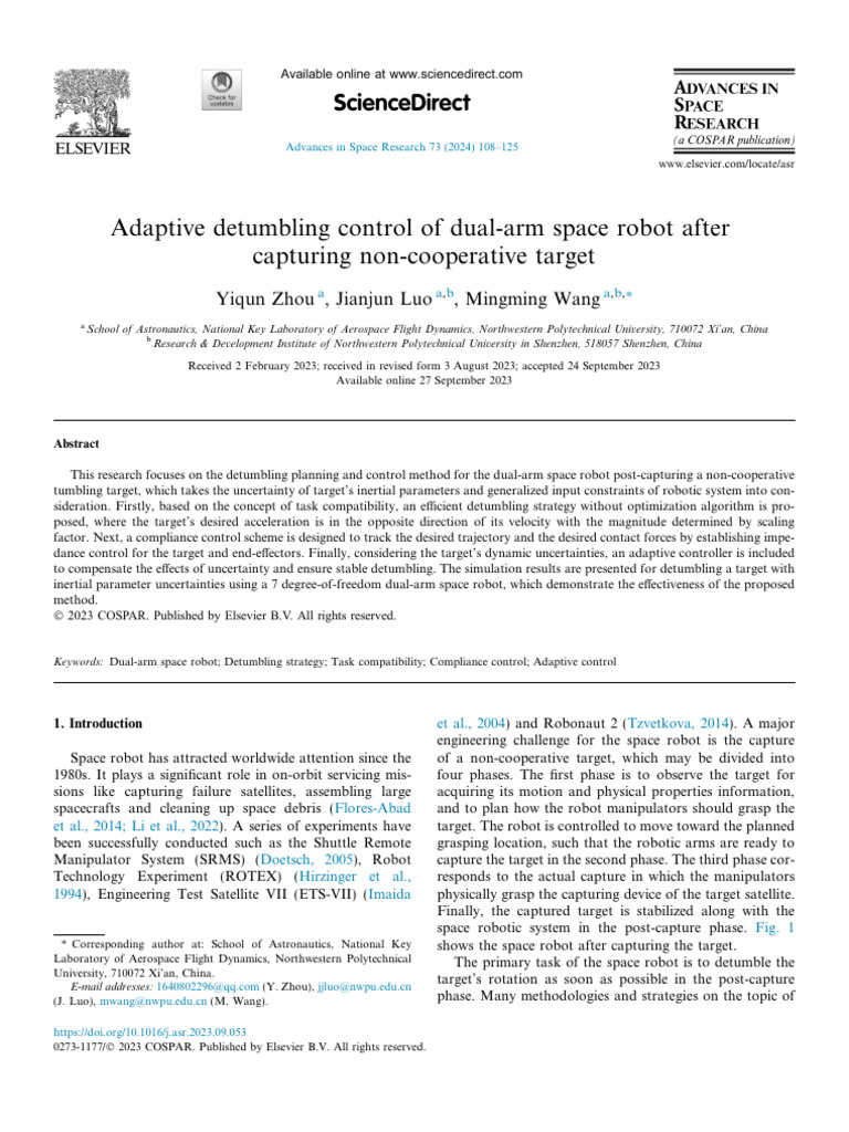 Adaptive Detumbling Control of Dual Arm Space Robot Aft 2024 Advances in Spa | PDF | Force ...