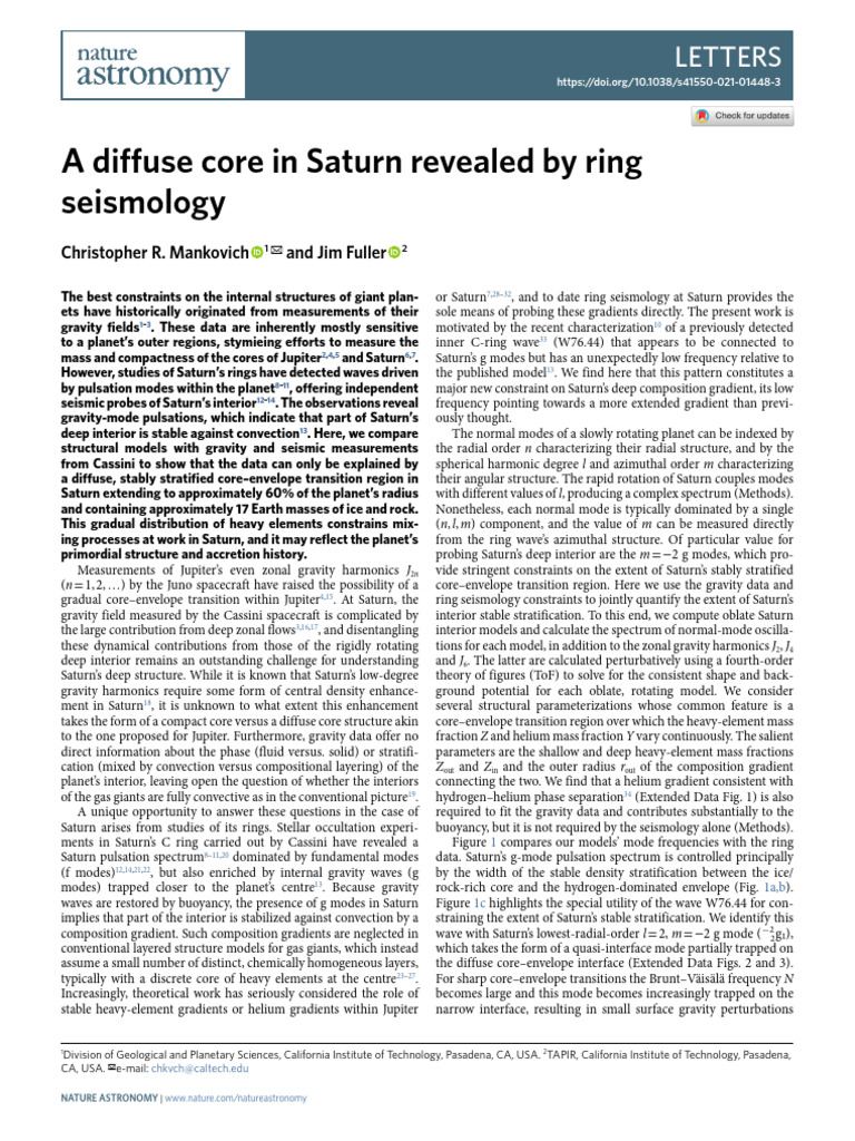 Saturn's Core Structure Revealed by Ring Seismology | PDF | Planetary ...
