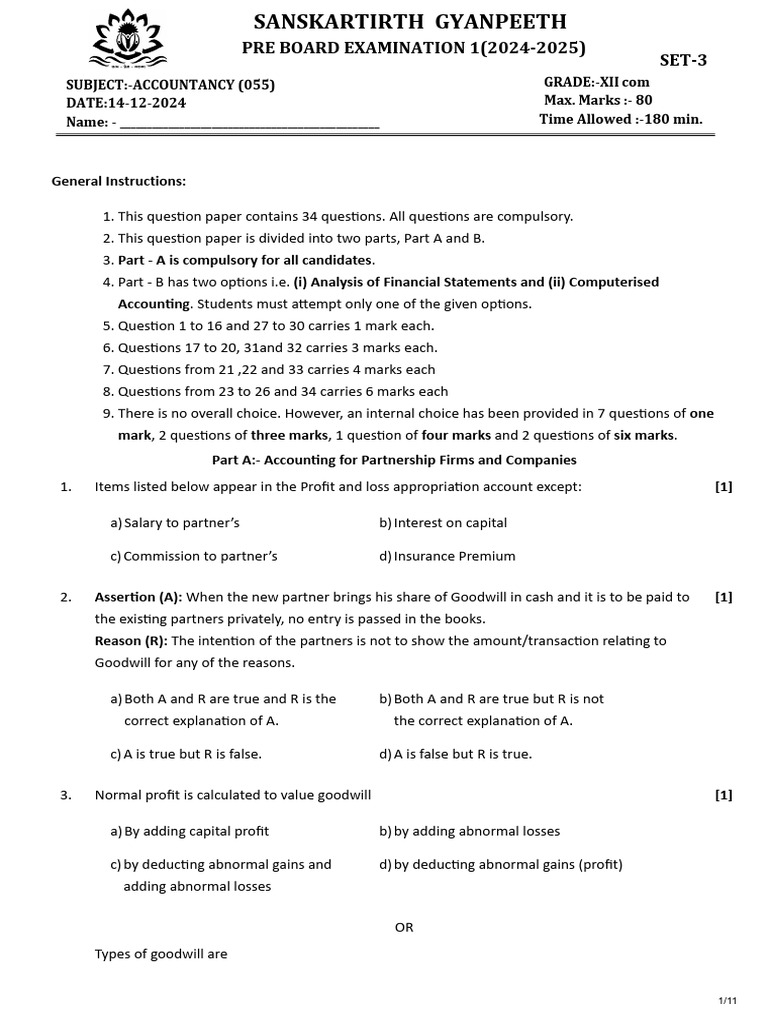 Pre Baord STGP 2024-25 Acc Set 3 | PDF | Goodwill (Accounting ...