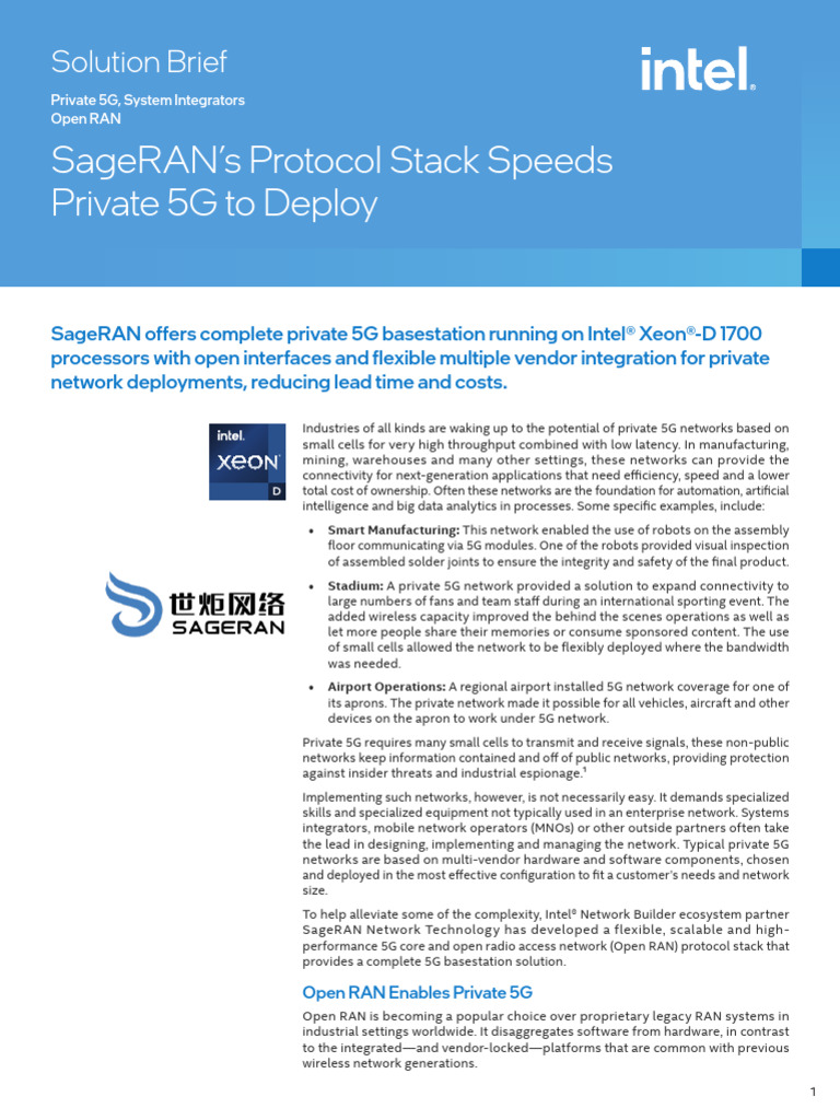 Sagerans 5g Ran Protocol Stack Speeds Private 5g To Production | PDF ...