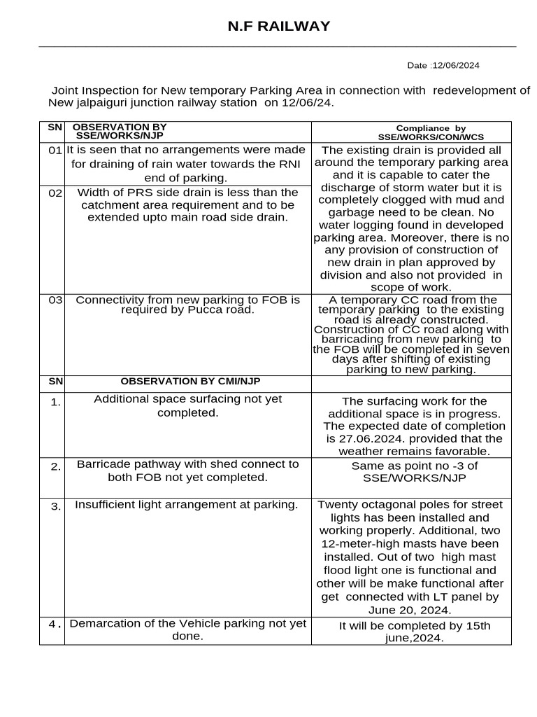 NJP Junction Parking Area Inspection Report | PDF | Earth Sciences ...