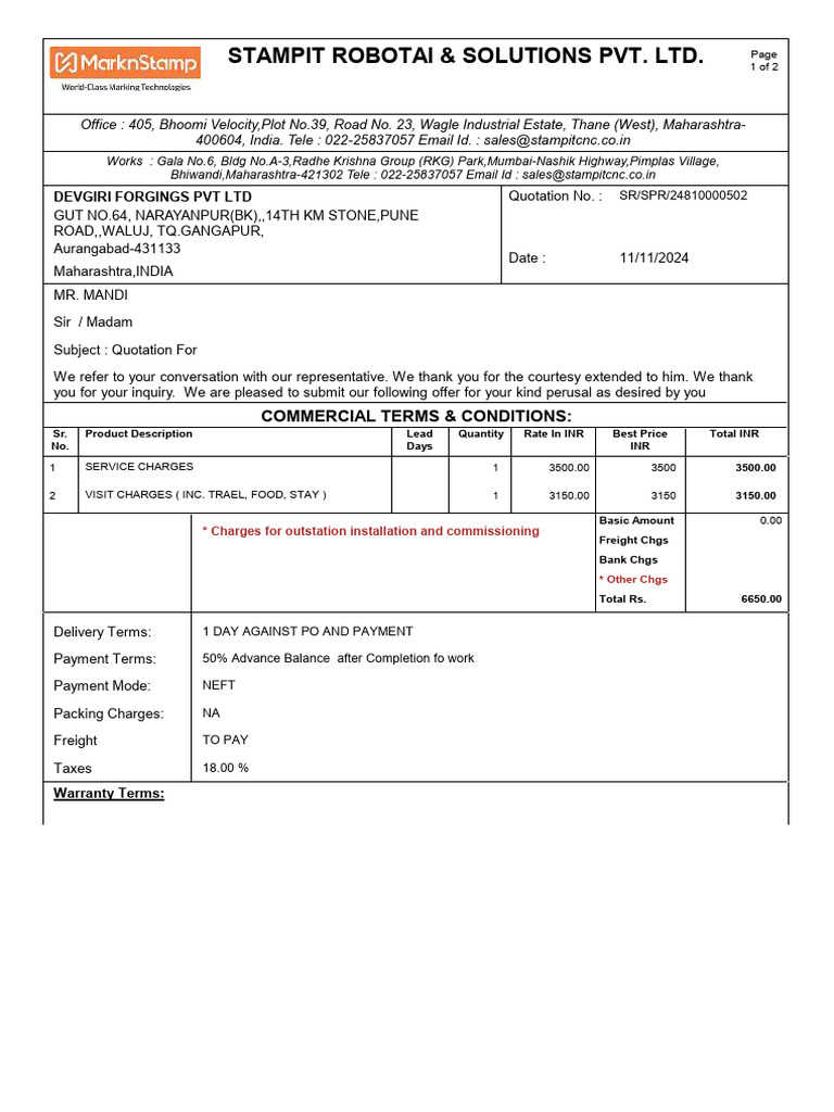 Devgiri Forgings PVT LTD Quotation No 502 DT 11-11-2024 | PDF