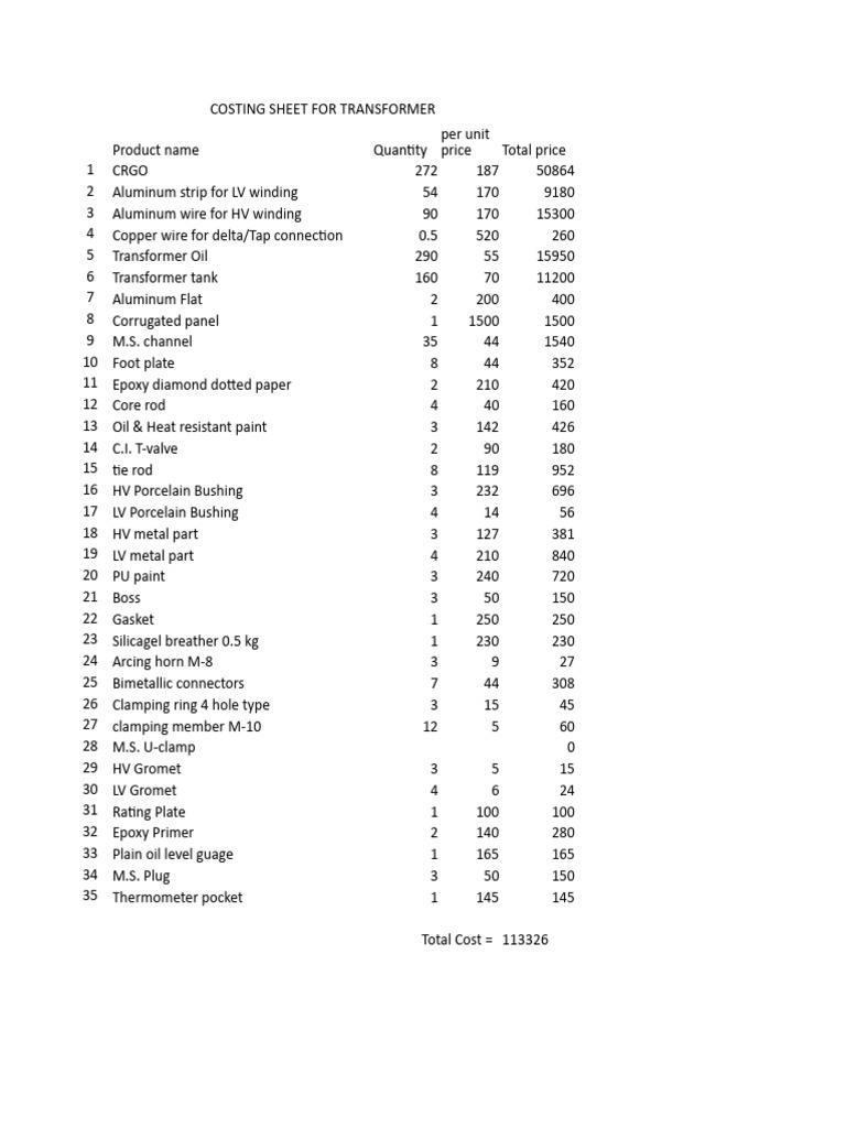 Costing Calculation Sheet For Transformer | PDF | Transformer | Electrical Components