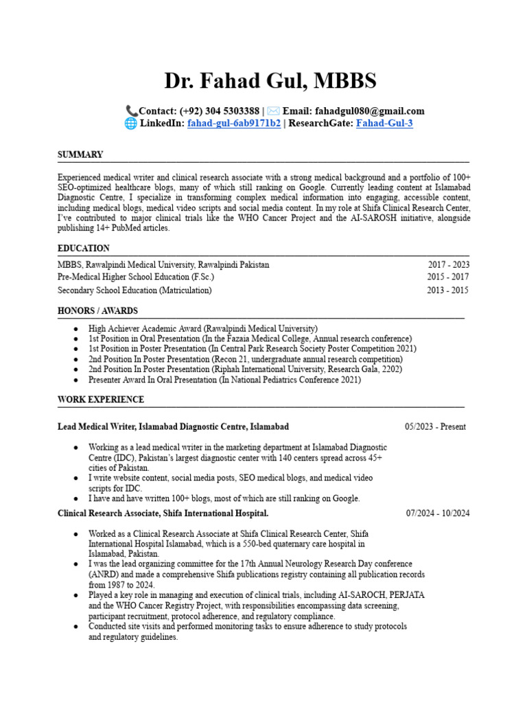DR Fahad Gul Resume (Medical Writer) | PDF | Dental Implant | Clinical ...