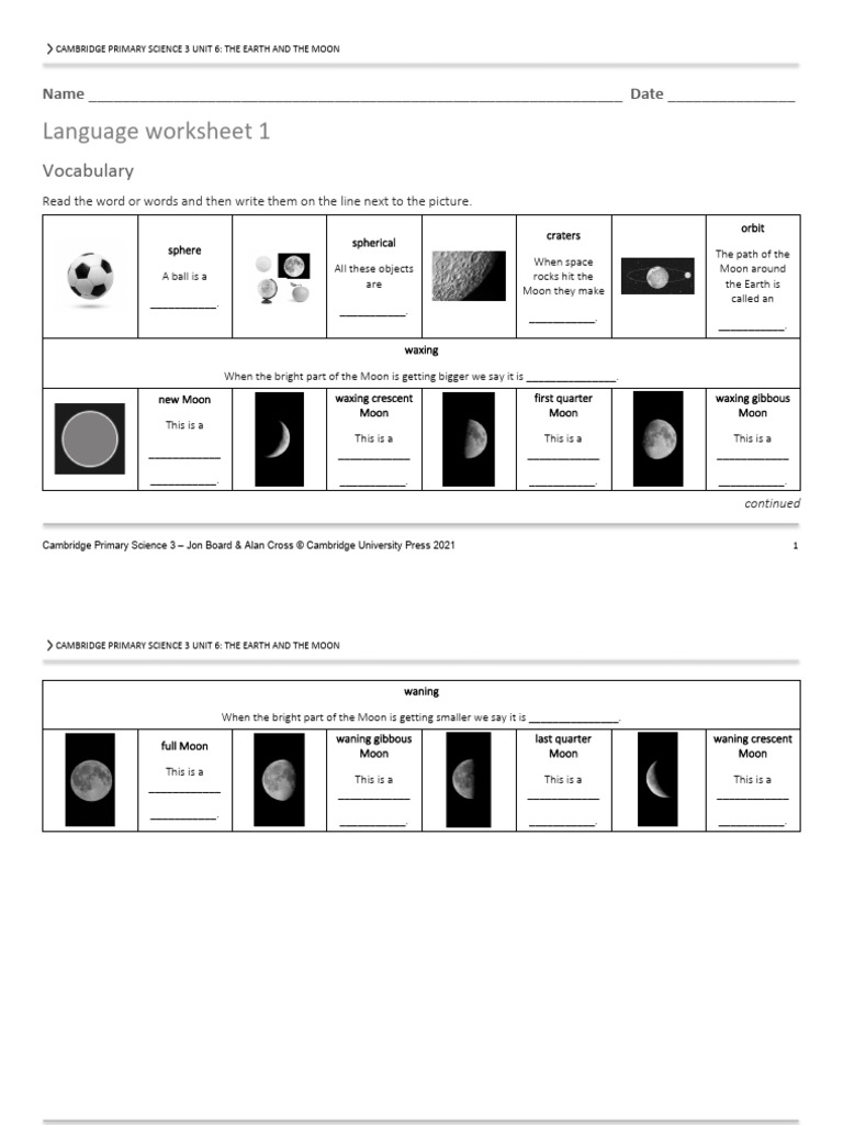 Earth and Moon Language Worksheet | PDF | Moon | Planetary Science