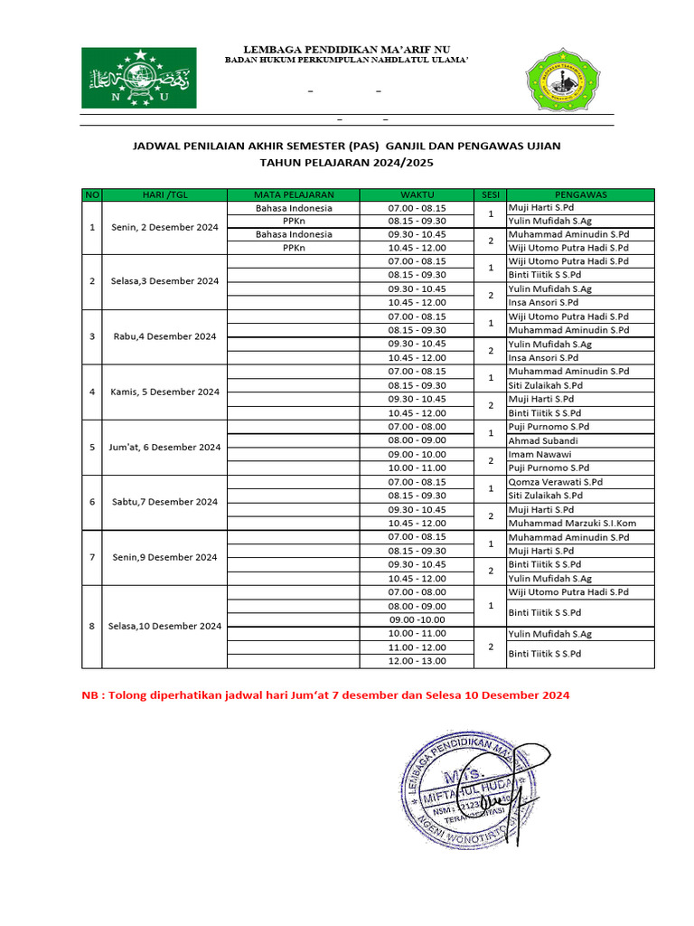 Jadwal Ujian Pas Ganjil 2024-2025 | PDF