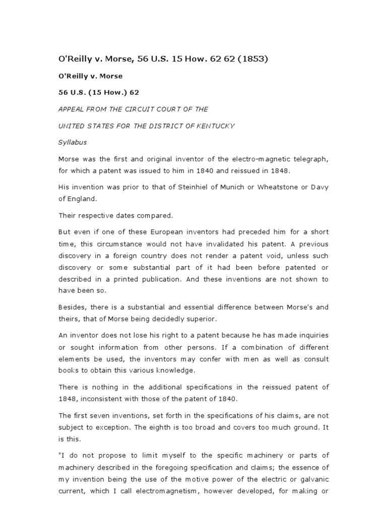 IP Oreilly v. Morse | Download Free PDF | Patent | Glossary Of Patent Law Terms