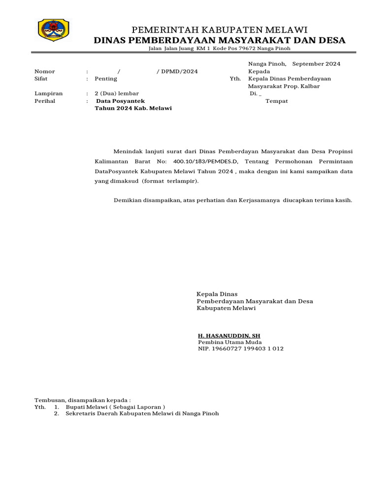SURAT DATA POSYANTEK KE DPMD PROP - Data Melawi | PDF