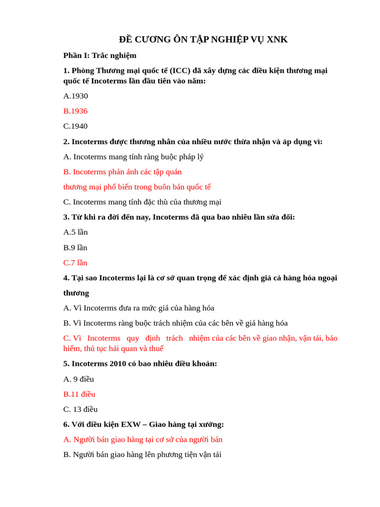 ĐỀ CƯƠNG ÔN TẬP NGHIỆP VỤ XNK | PDF