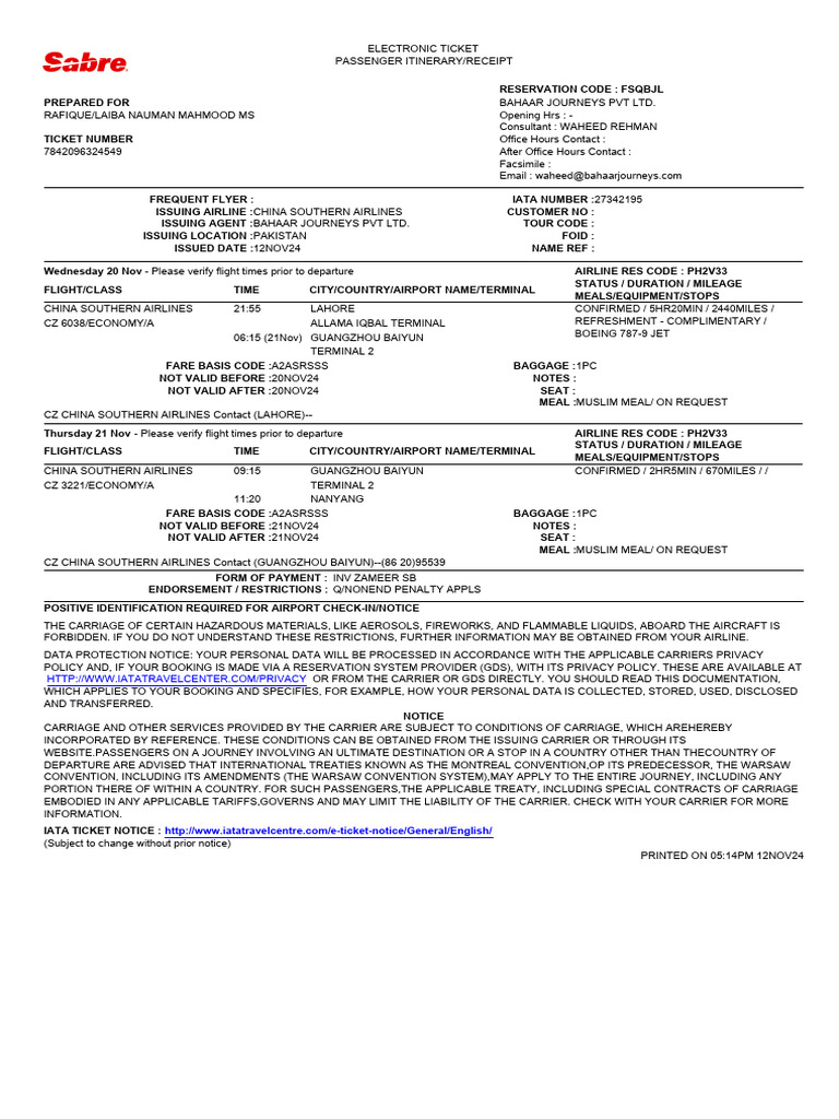 Ms Laiba Nauman China TKT | PDF | Airlines | Aviation