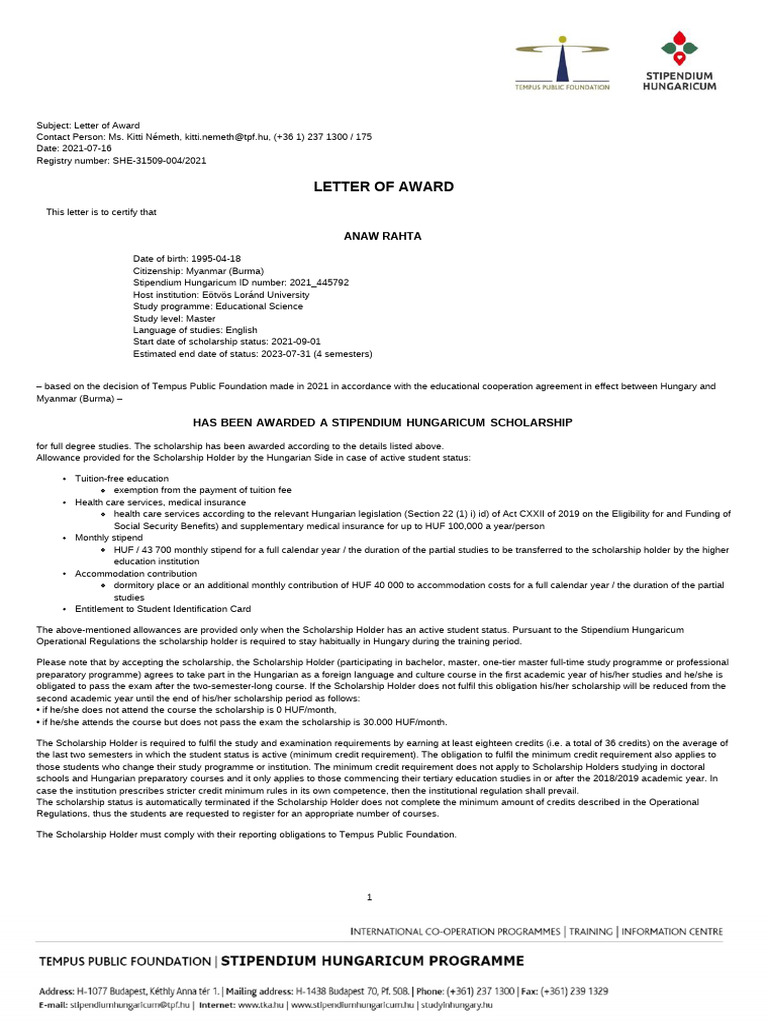 TPF - Letter of Award - MASTER (Anaw Rahta) | PDF | Master's Degree ...