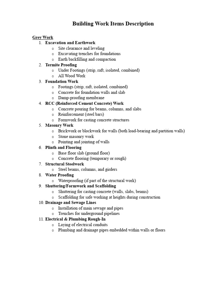 Building Construction Work Items Guide | PDF | Wall | Flooring