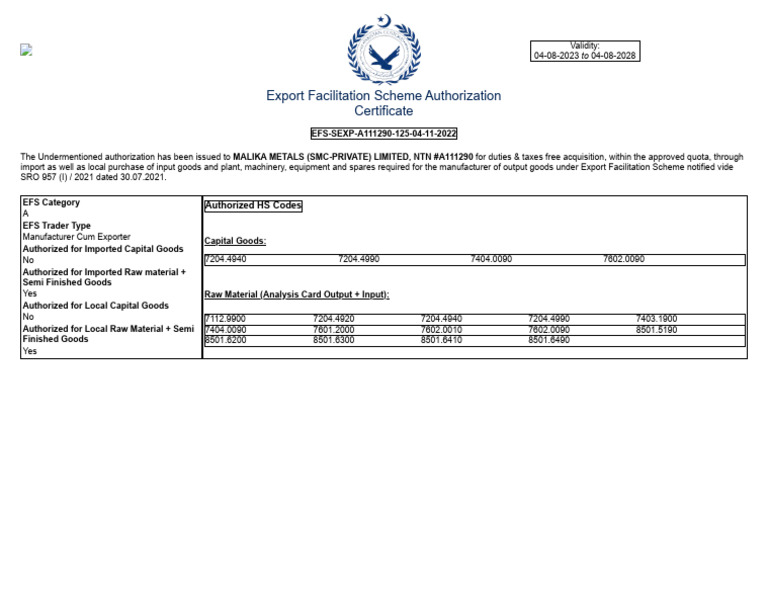 Export Facilitation Scheme Authorization Certificate: Authorized HS ...