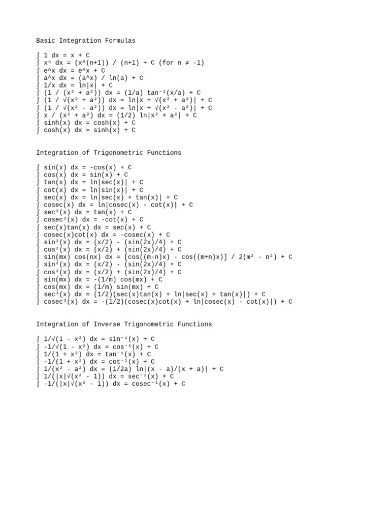 Basic Integration Formulas | PDF