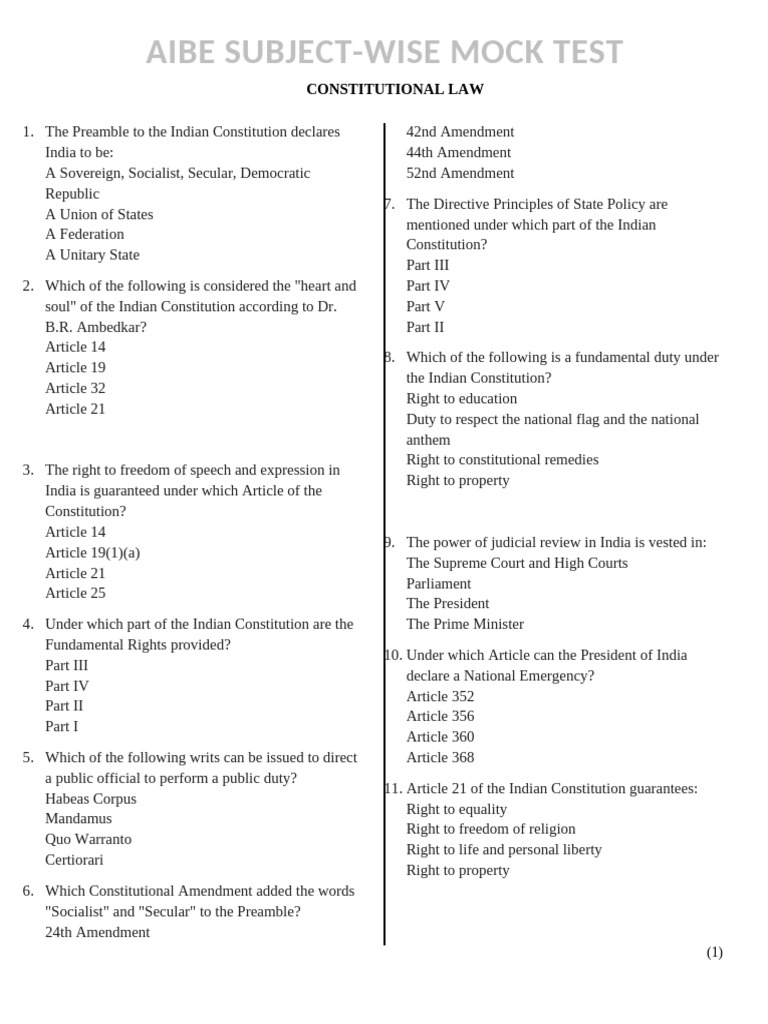 Aibe Subject Wise MCQ | PDF | Evidence (Law) | Constitution