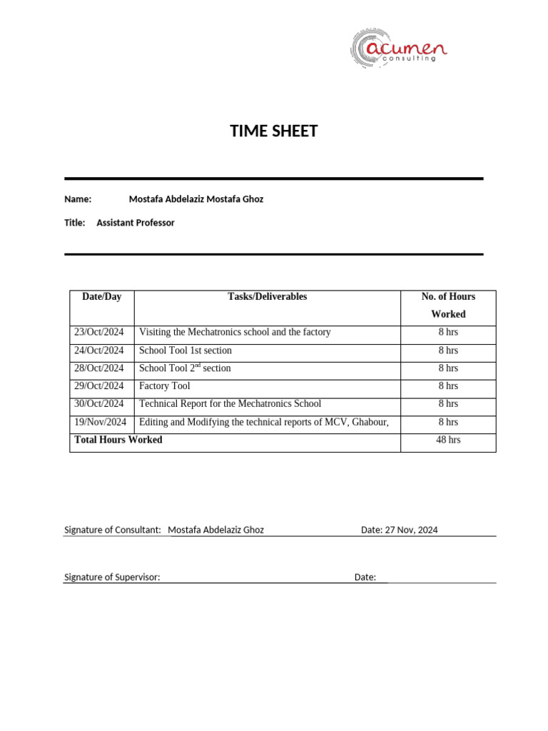 Timesheet Mostafa Abdelaziz | PDF