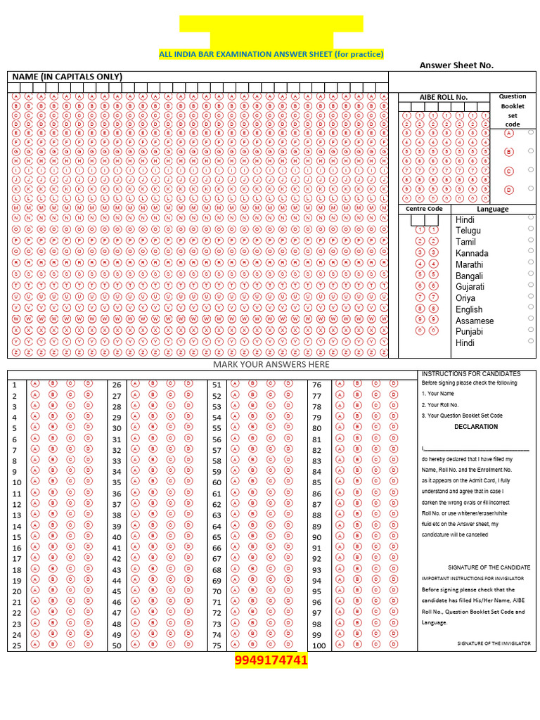 Aibe Exam Omr Sheet For Practice-1 | PDF | Languages Of Asia | Languages Of India