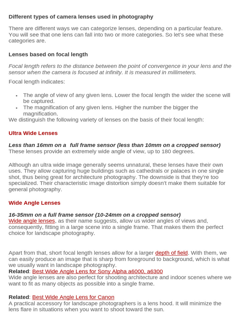Different Types of Camera Lenses Used in Photography | PDF | Camera ...