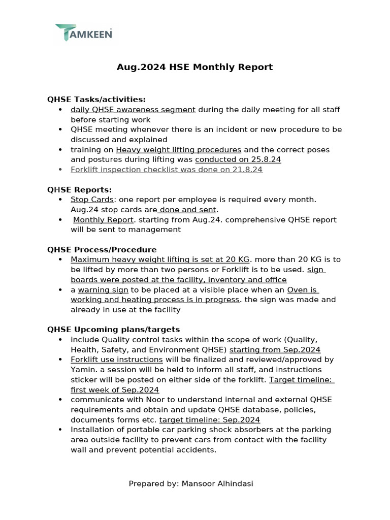 Aug 2024 QHSE Monthly Report Summary | PDF