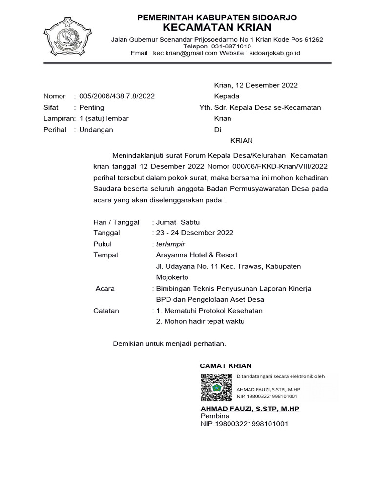 Undangan Bimtek BPD Des 2022 | PDF