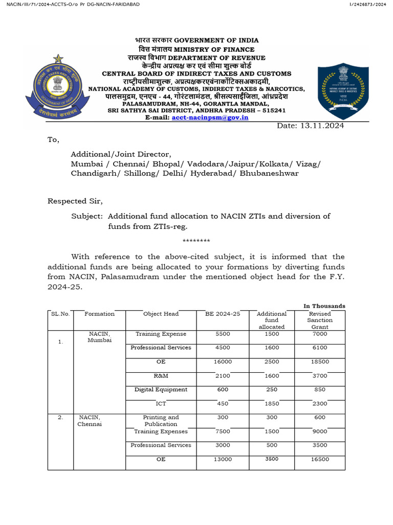 Funds Allocation Letter Dated 13.11.2024 | PDF
