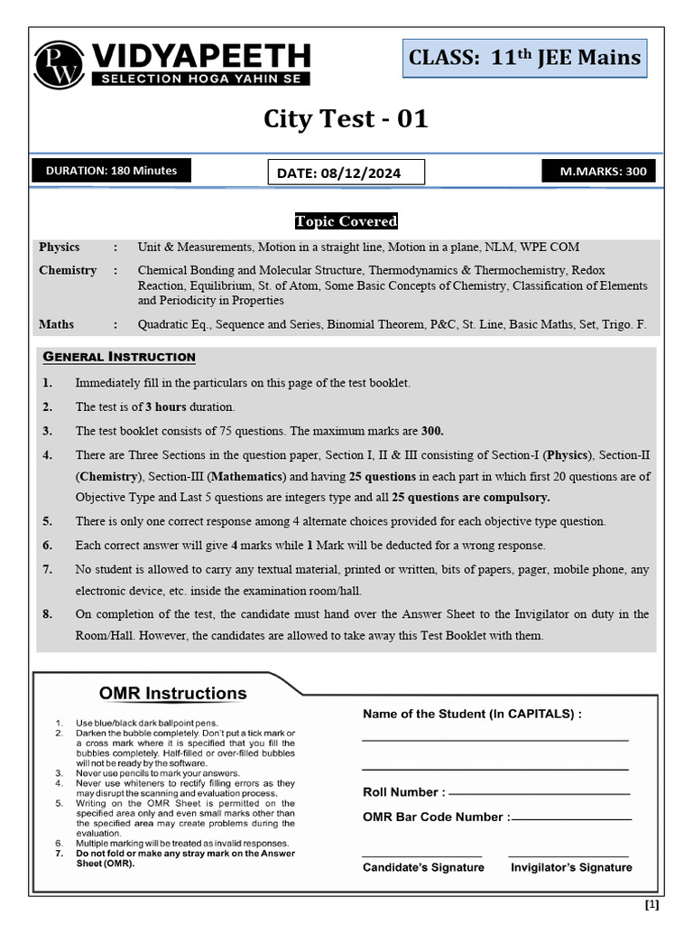 City Test - 01 _ Test Paper | PDF | Chemistry | Physical Sciences