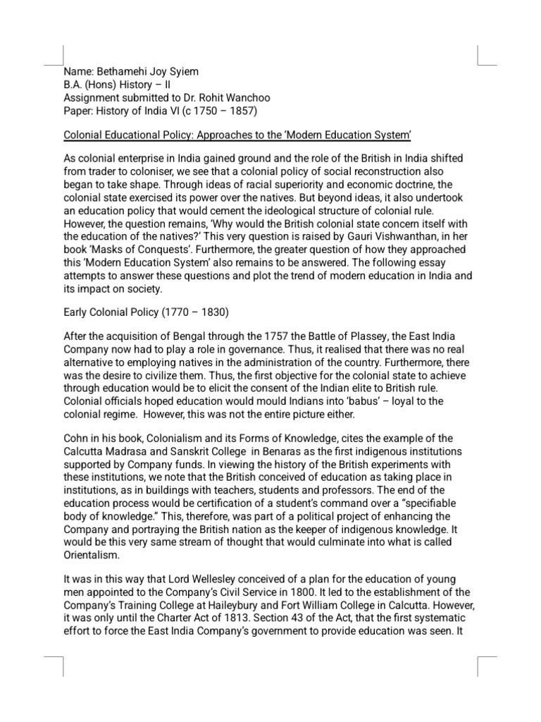 Colonial Educational Policy Approaches To Mdern Education | PDF ...