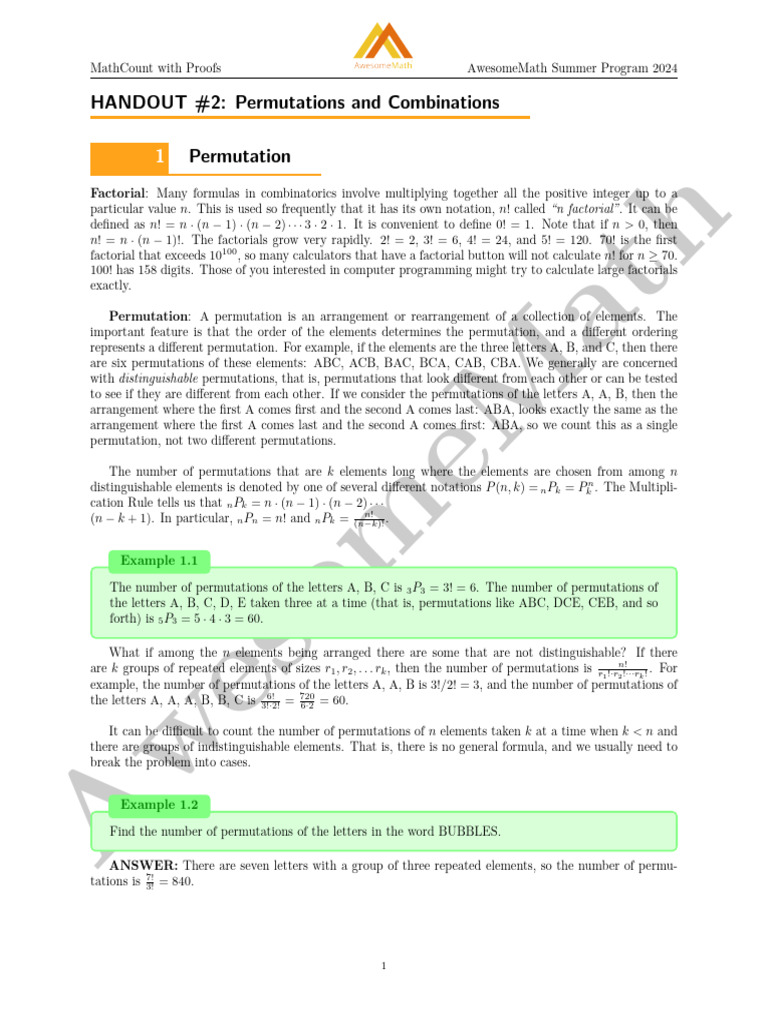 2 - Permutations and Combinatinos | PDF | Permutation | Numbers