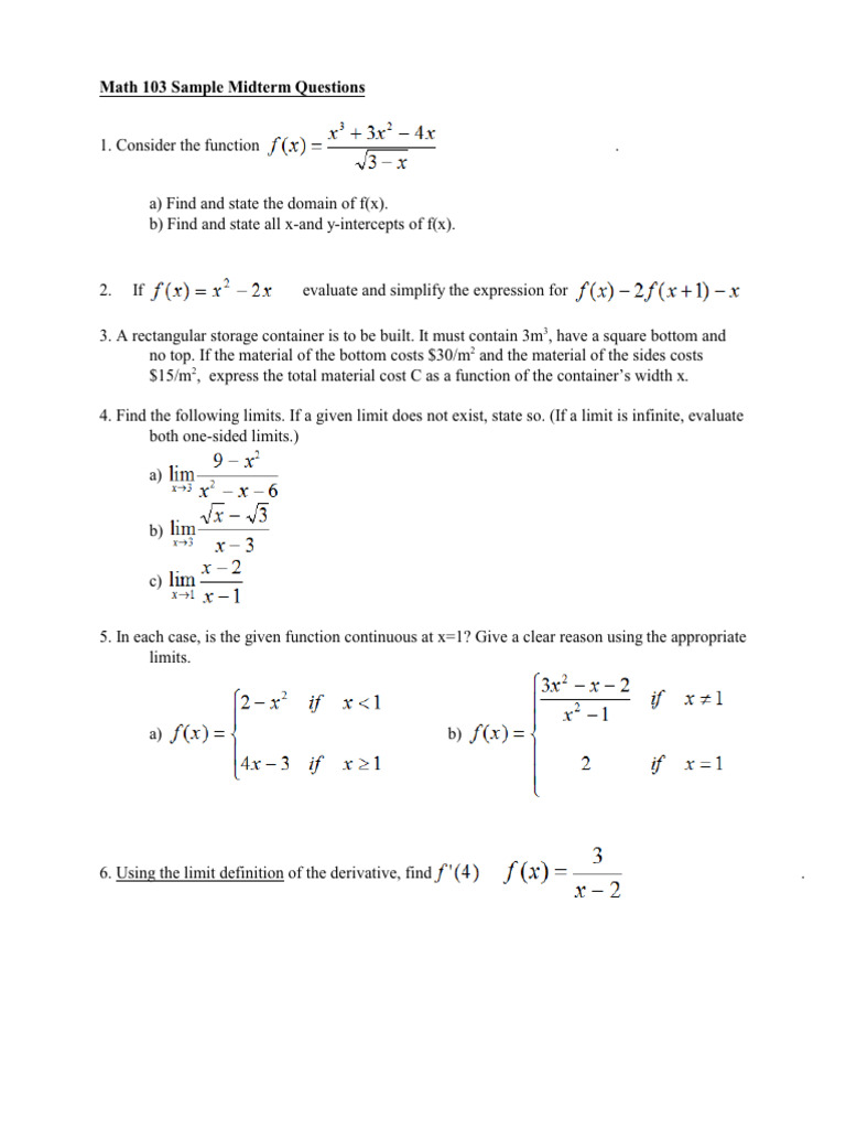 m103samplemidterm | PDF | Derivative | Function (Mathematics)