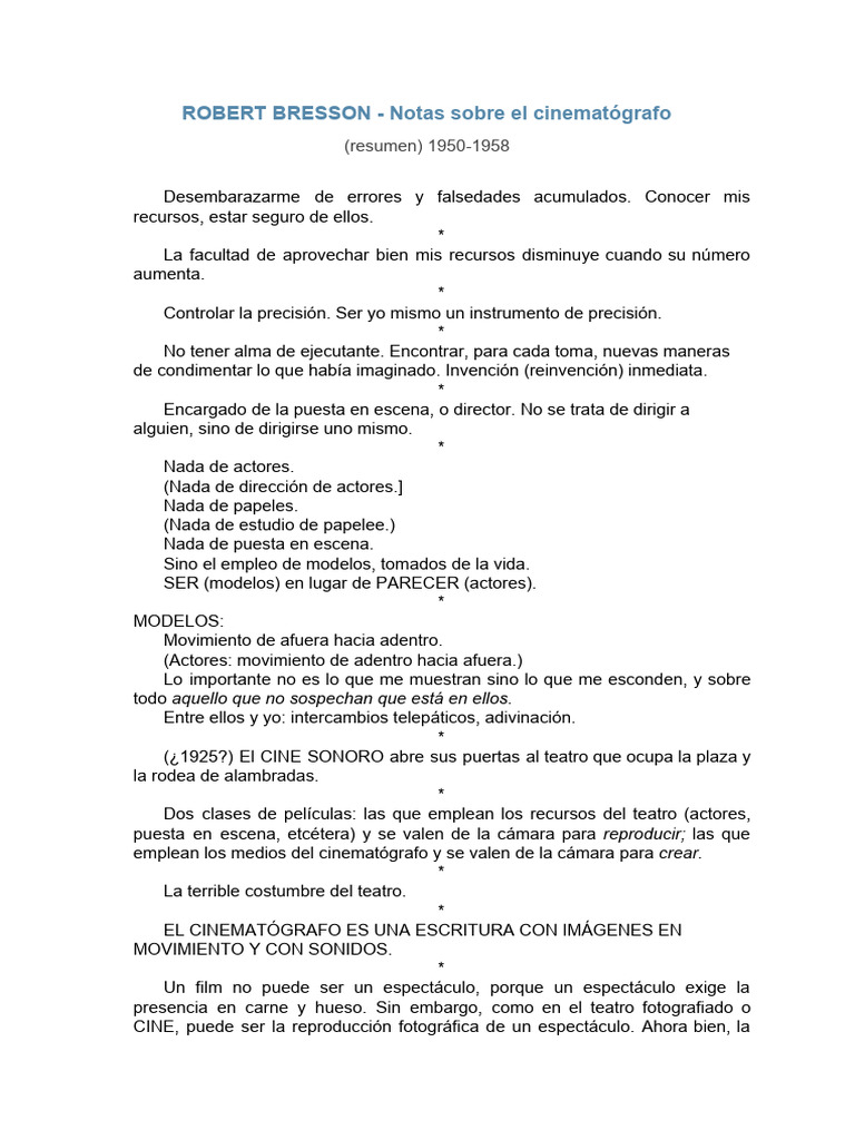 ROBERT BRESSON - Notas Sobre El Cinematógrafo (Resumen) | PDF | Teatro | Verdad