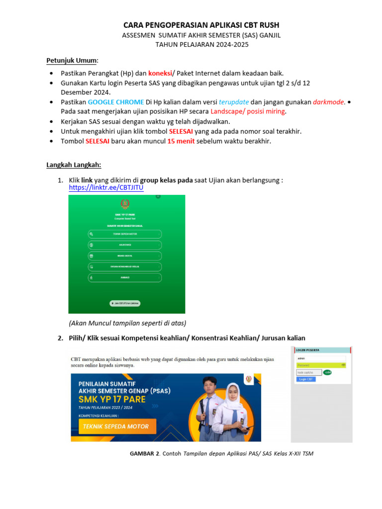 PETUNJUK PENGOPERASIAN UJIAN DENGAN APLIKASI CBT 2024 | PDF