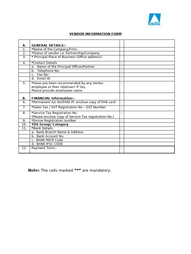 Vendor Information Form Template | PDF