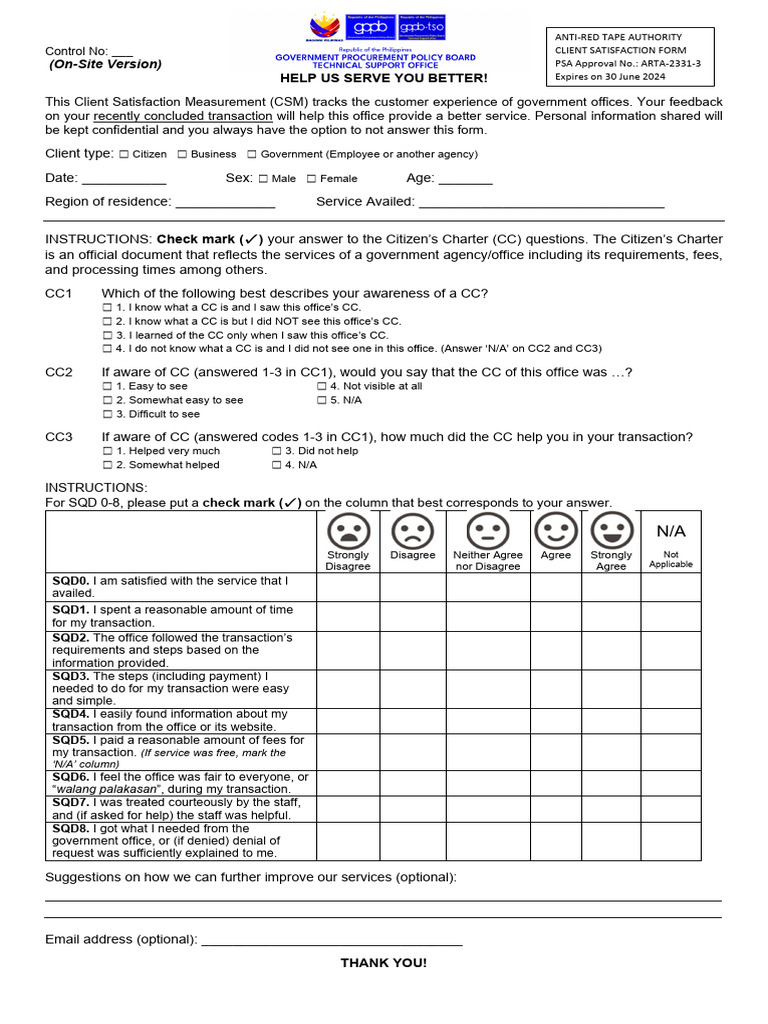 ARTA_CSM-Questionnaire-2024_UPDATED_ENGLISH_On-Site-Survey | PDF