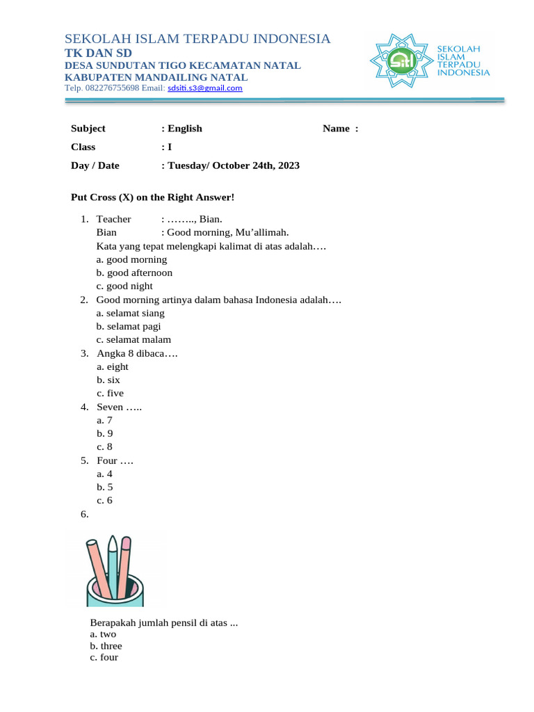 Soal Bahasa Inggris KLS 1 (Ganjil) | PDF