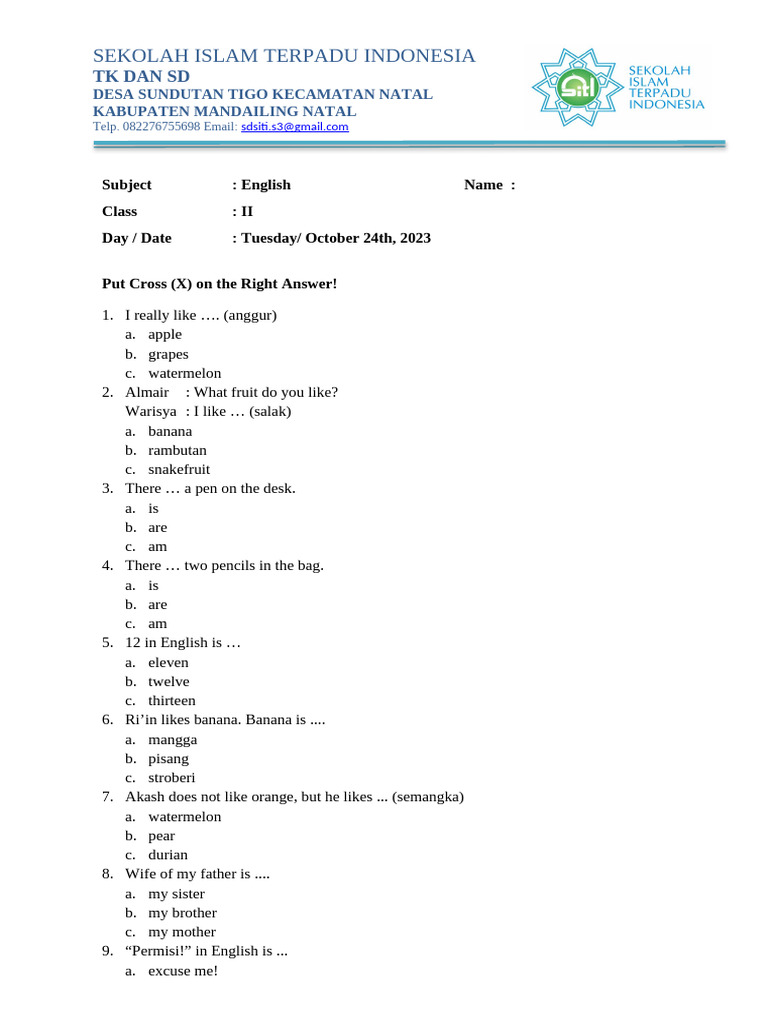 Soal Bahasa Inggris KLS 2 (Ganjil) | PDF