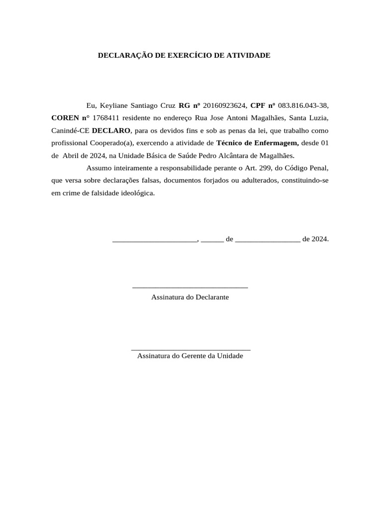 Declaração de Atividade Autônoma | PDF