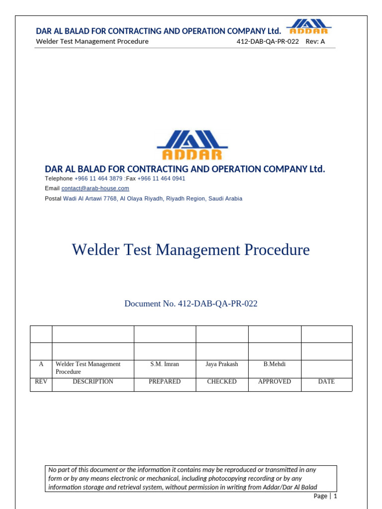 412-DAB-QA-PR-022 Welders Test 0 Training Management Procedure | PDF ...