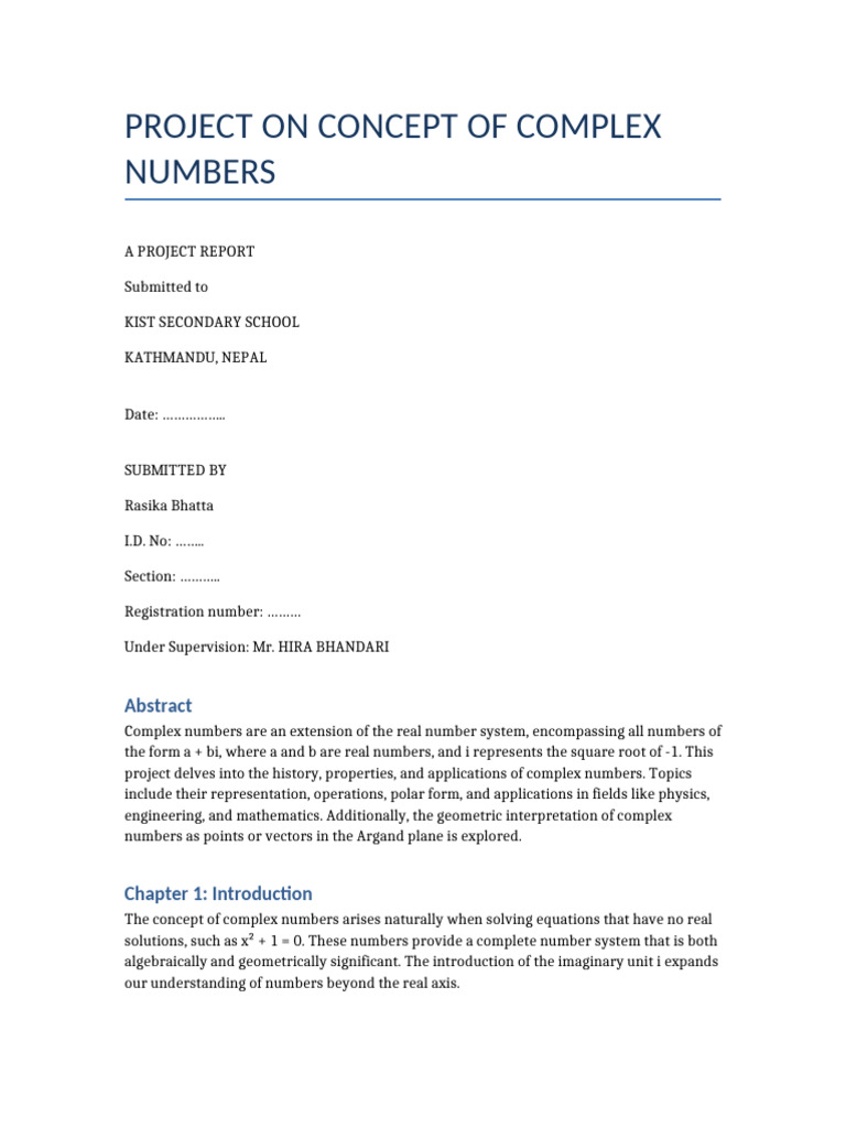 Concept of Complex Numbers Project | PDF | Complex Number | Mathematics