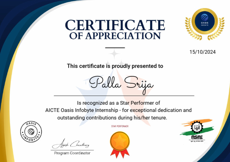 Palla Srija Appreciation Certificate | PDF