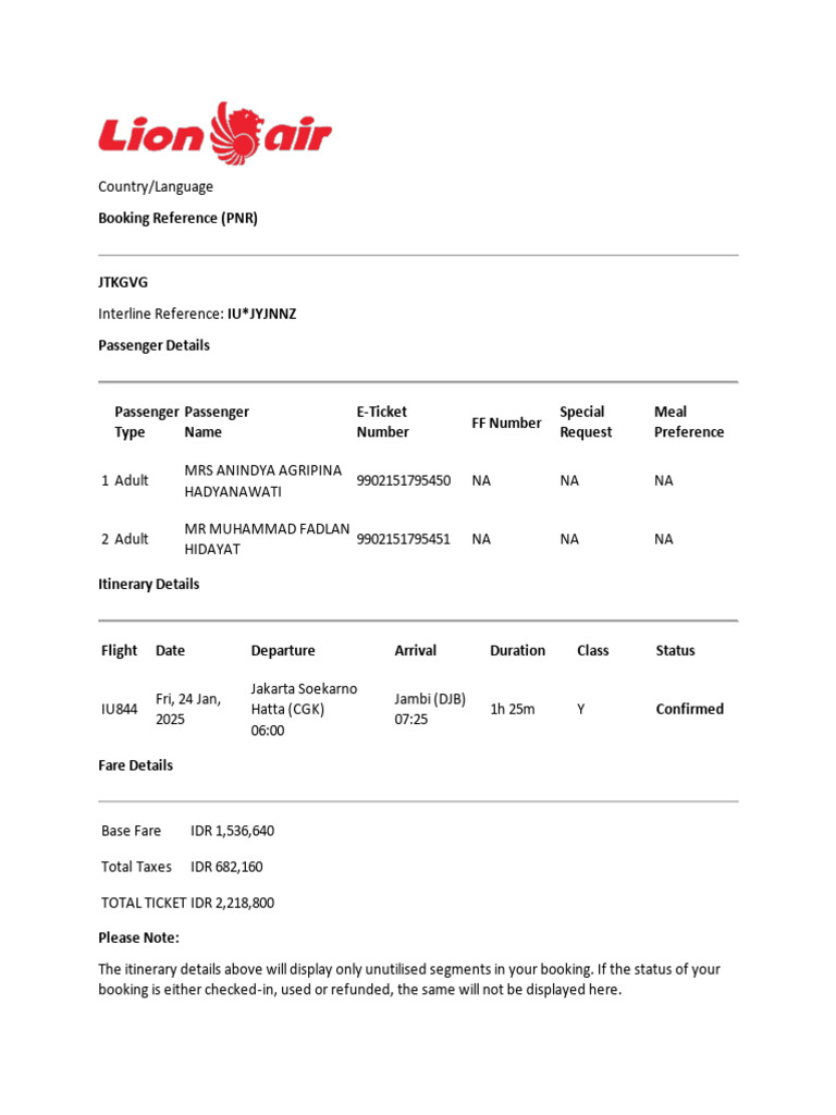 Flight Itinerary: CGK to DJB | PDF