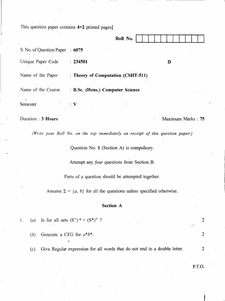 B.sc. (Hons.) Computer Science Theory of Computation (CSHT-511) SEM-V(6075) | PDF | Theory Of ...