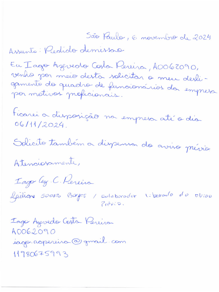 Pedido Demissão Iago Azevedo Costa Pereira 61090 | PDF