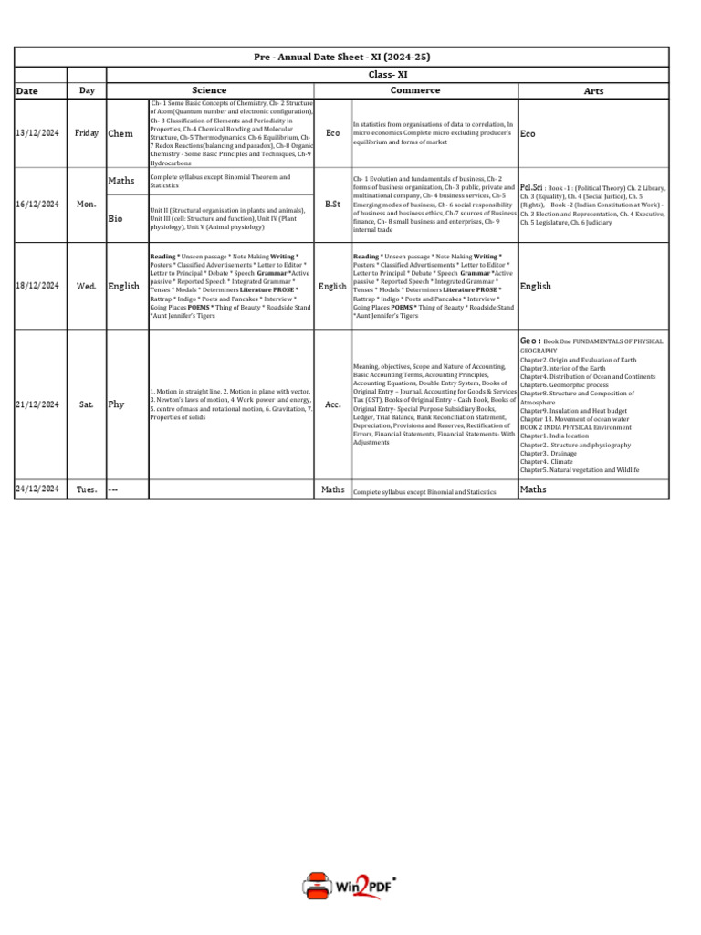 Pre-Board - XI Date Sheet | PDF | Chemistry | Chemical Reactions
